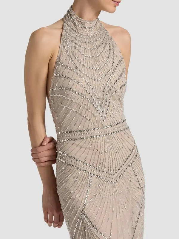 Pamella Roland Embellished Tulle Halter Column Gown