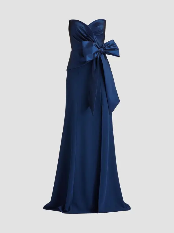 Tadashi Shoji Pleated Bow Strapless Column Gown - Navy