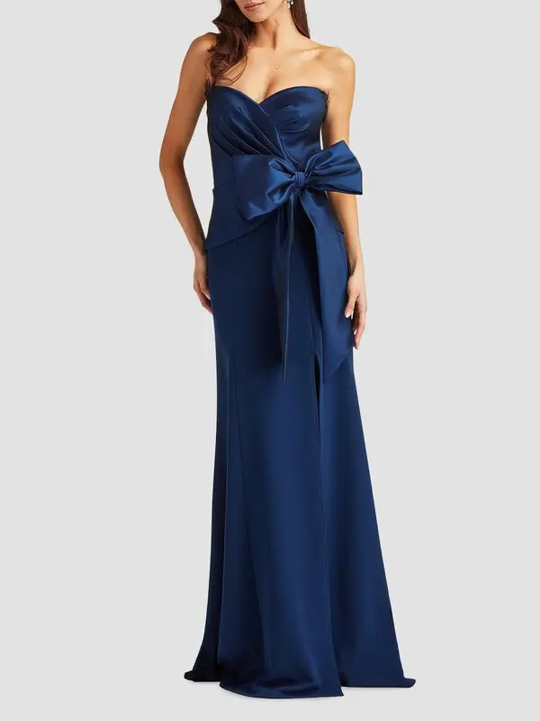 Tadashi Shoji Pleated Bow Strapless Column Gown