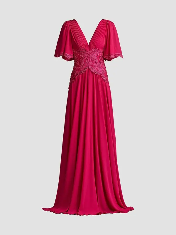 Tadashi Shoji Lace-trim Pleated Gown - Hibiscus