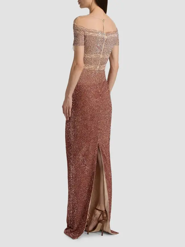 Pamella Roland Ombré Sequined Tulle Column Gown