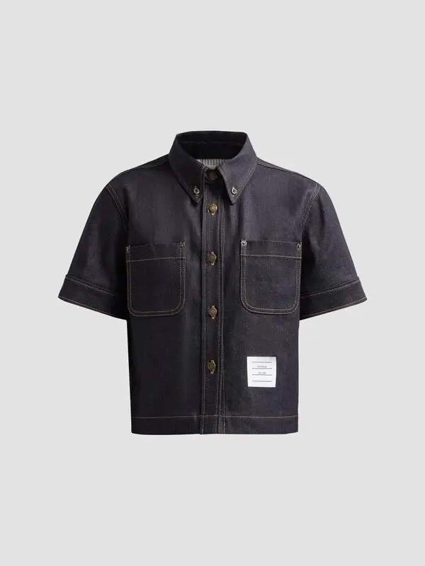 Thom Browne Denim Button-down Short-sleeve Shirt - Navy