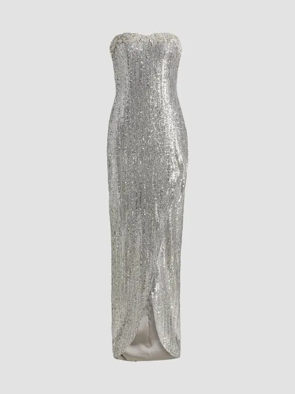 Pamella Roland Embellished Strapless Column Gown - Silver