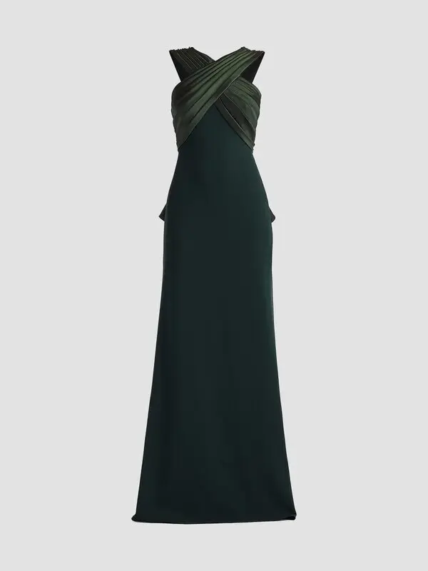 Tadashi Shoji Caro Cascading Halter Gown - Dark Forest