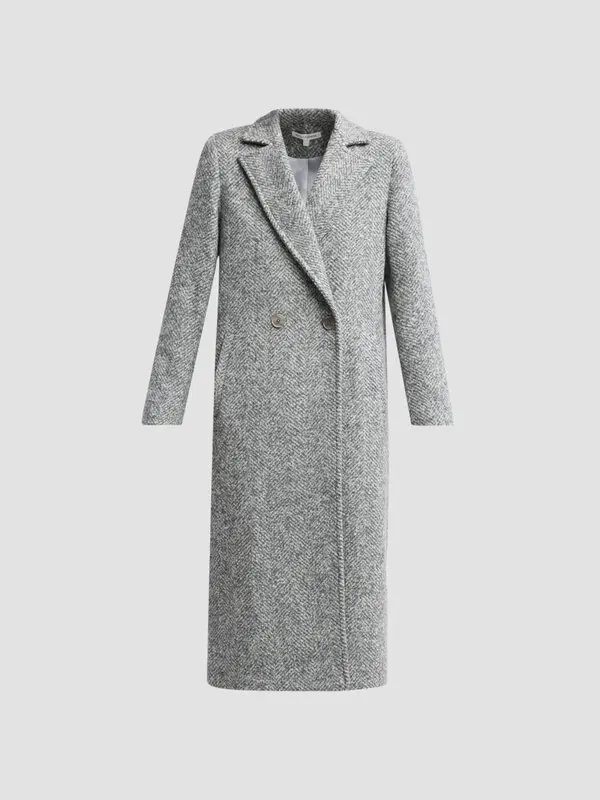 Sofia Cashmere Herringbone Double-breasted Long Coat