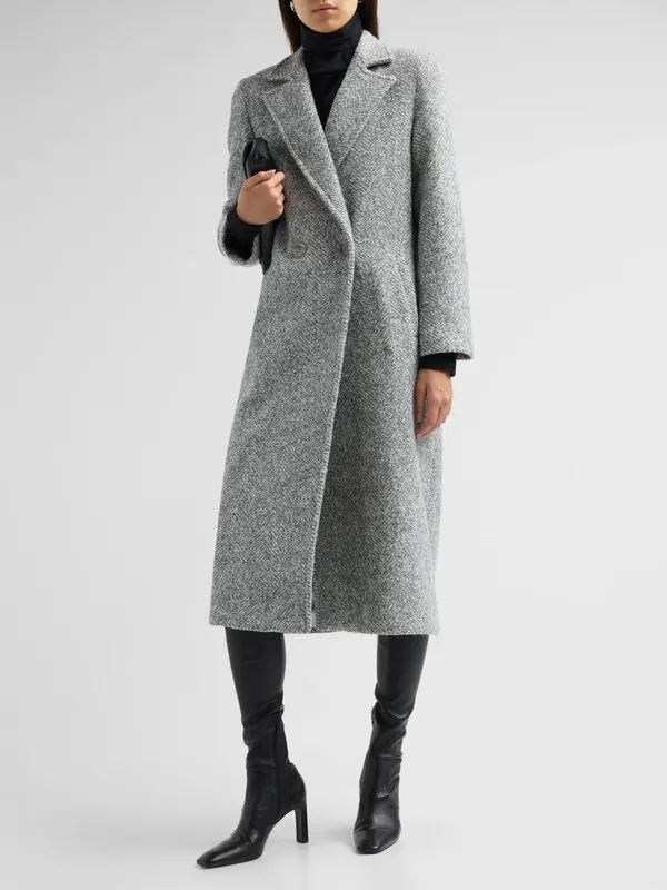 Sofia Cashmere Herringbone Double-breasted Long Coat