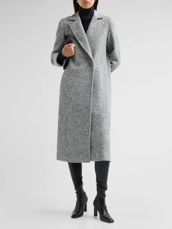 Sofia Cashmere Herringbone Double-breasted Long Coat
