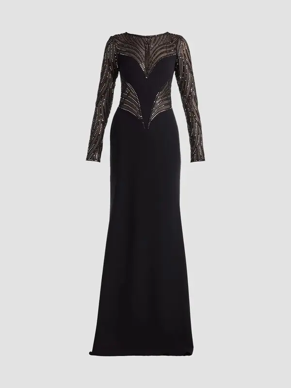 Tadashi Shoji Sequin-embellished Long-sleeve Crepe Gown - Black Silver