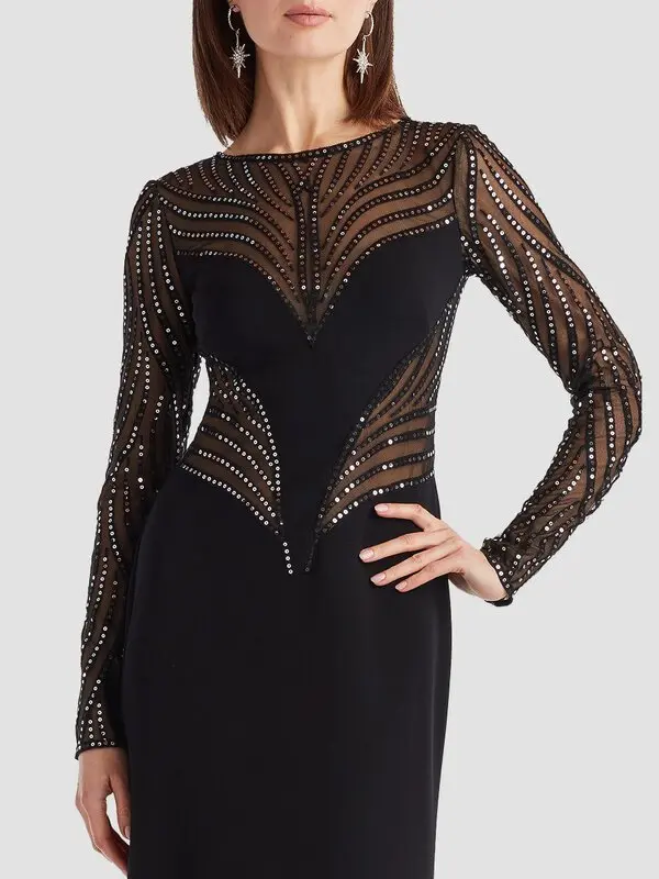 Tadashi Shoji Sequin-embellished Long-sleeve Crepe Gown