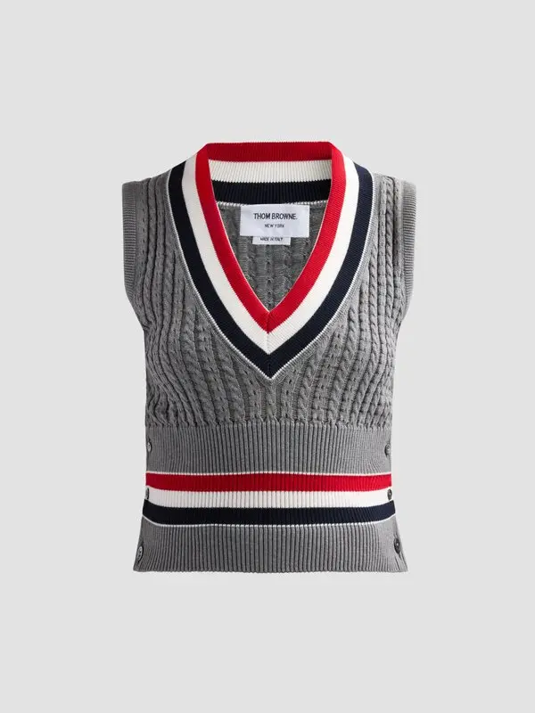 Thom Browne Cricket Rwb Stripe Cable Shrunken Vest - Grey