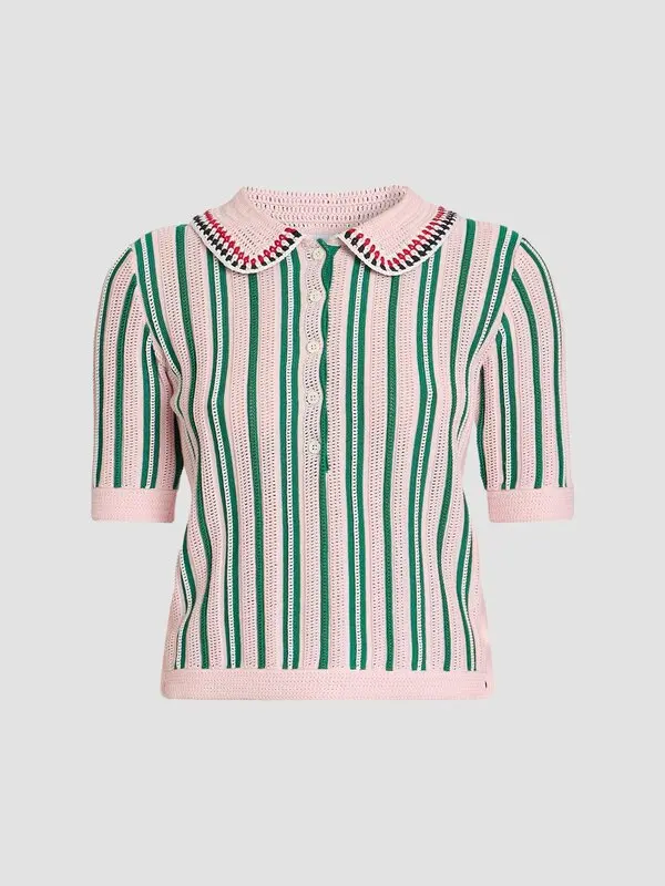Thom Browne Crochet Variegated Striped Cotton Polo Top - Lightpink