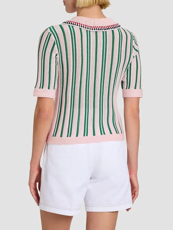 Thom Browne Crochet Variegated Striped Cotton Polo Top