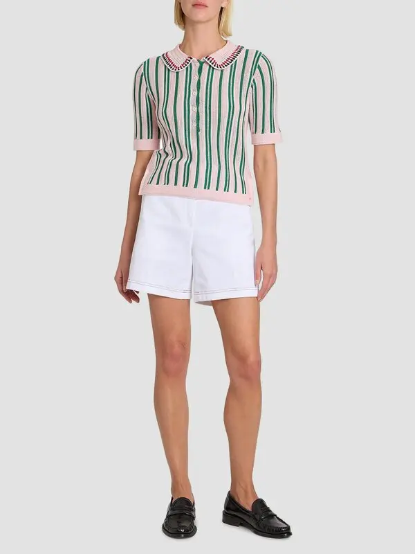 Thom Browne Crochet Variegated Striped Cotton Polo Top - Lightpink