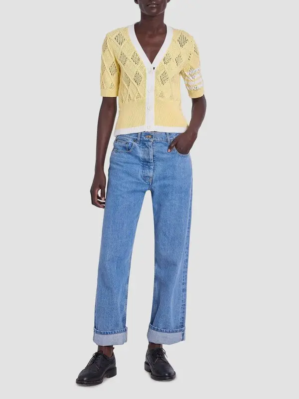 Thom Browne Argyle Pointelle Knit Short-sleeve Cardigan - Light Yellow
