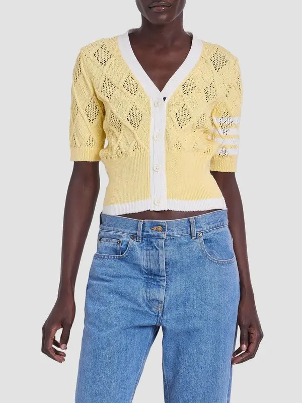 Thom Browne Argyle Pointelle Knit Short-sleeve Cardigan - Light Yellow