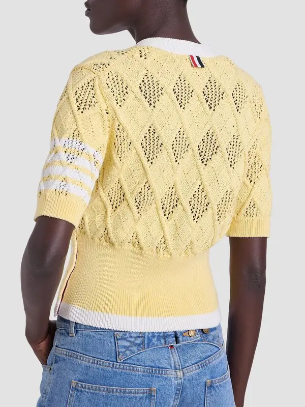 Thom Browne Argyle Pointelle Knit Short-sleeve Cardigan - Light Yellow