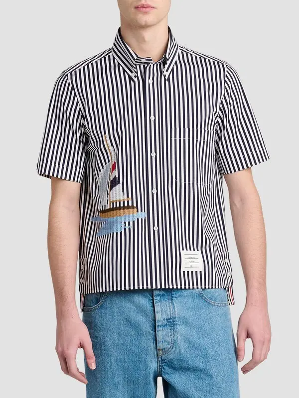 Thom Browne Sailboat-embroidered Uni Wide Striped Poplin Shirt