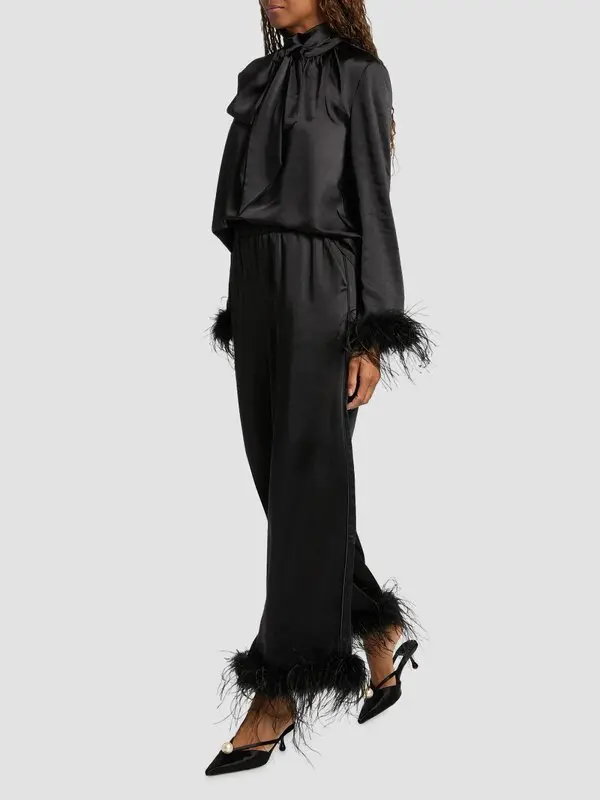 TOCCIN Auggie Feather-cuff Textured Satin Pants