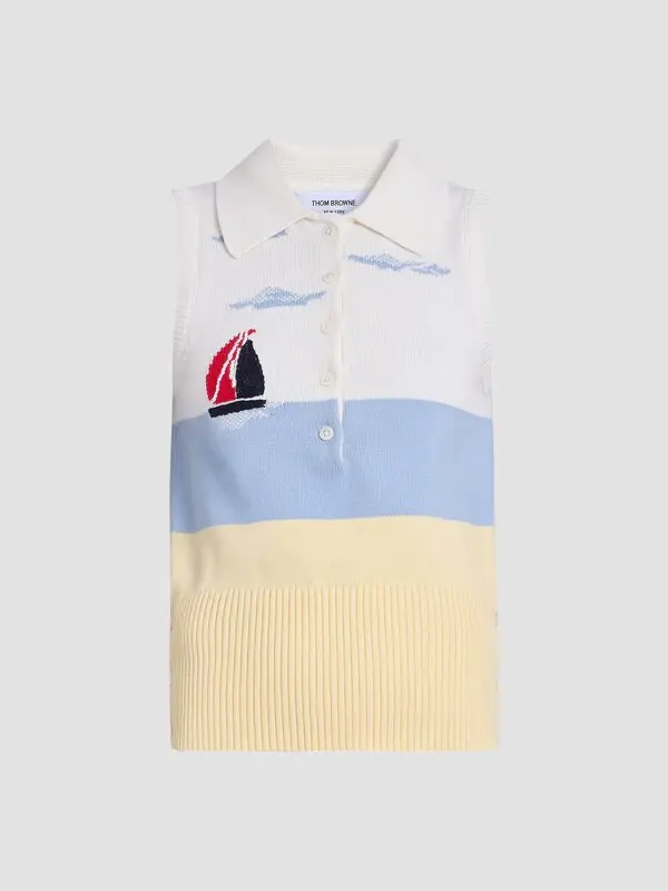 Thom Browne Embroidered Nantucket Intarsia Sleeveless Polo Sweater - White