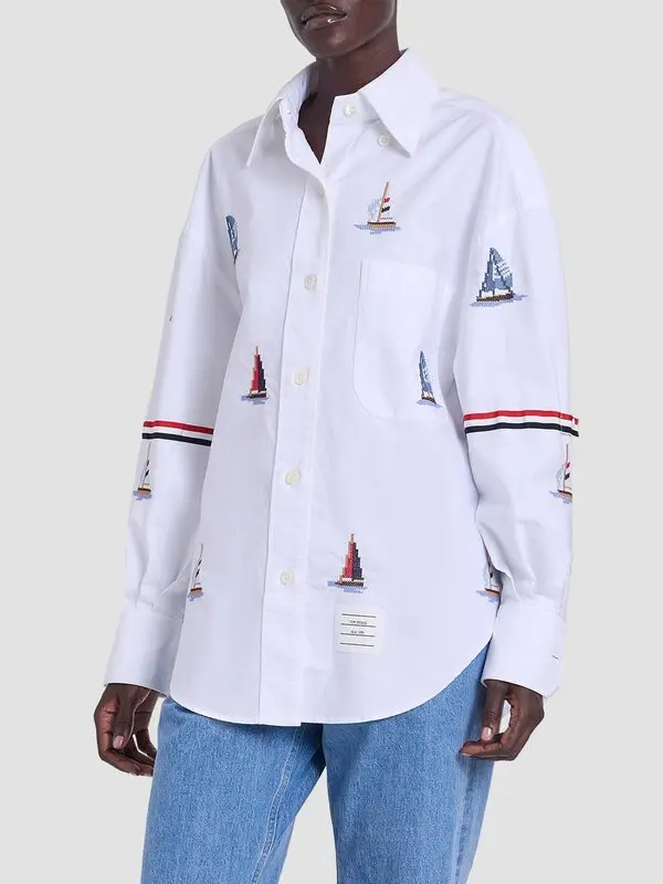Thom Browne Embroidered Stitch Sailboats Shirt