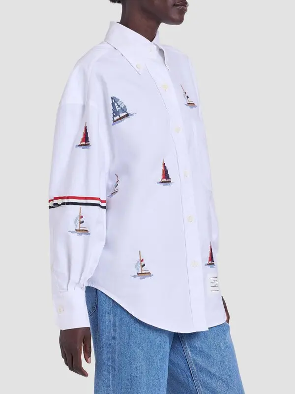 Thom Browne Embroidered Stitch Sailboats Shirt
