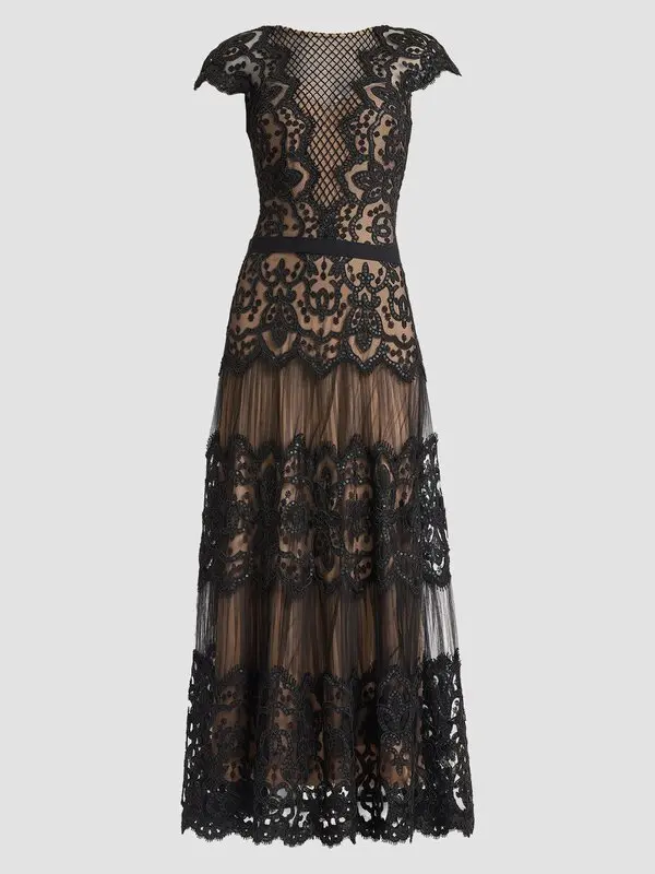 Tadashi Shoji Embellished Lace Gown - Black Beige