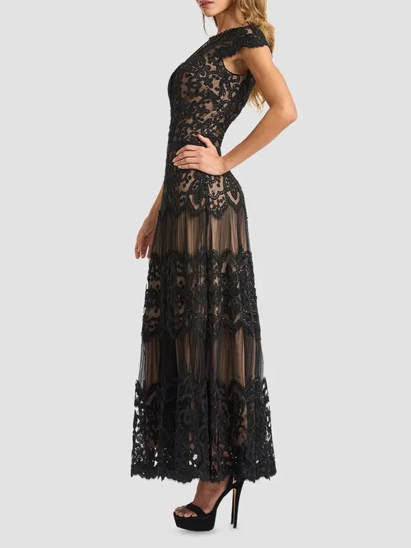 Tadashi Shoji Embellished Lace Gown - Black Beige