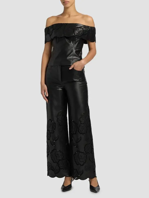 TOCCIN Shawn Embroidered Faux-leather Straight-leg Pants