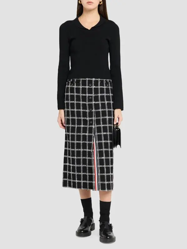 Thom Browne Windowpane Tweed Cardigen Midi Skirt