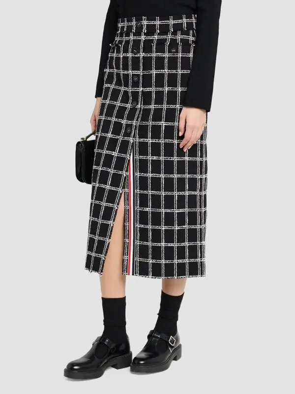 Thom Browne Windowpane Tweed Cardigen Midi Skirt
