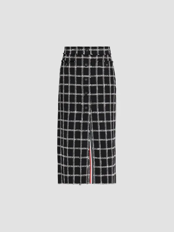 Thom Browne Windowpane Tweed Cardigen Midi Skirt - Black