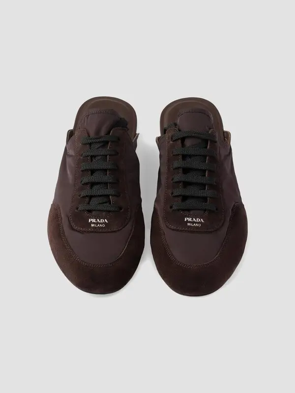Prada Collapse Re-nylon And Suede Mules - Brown