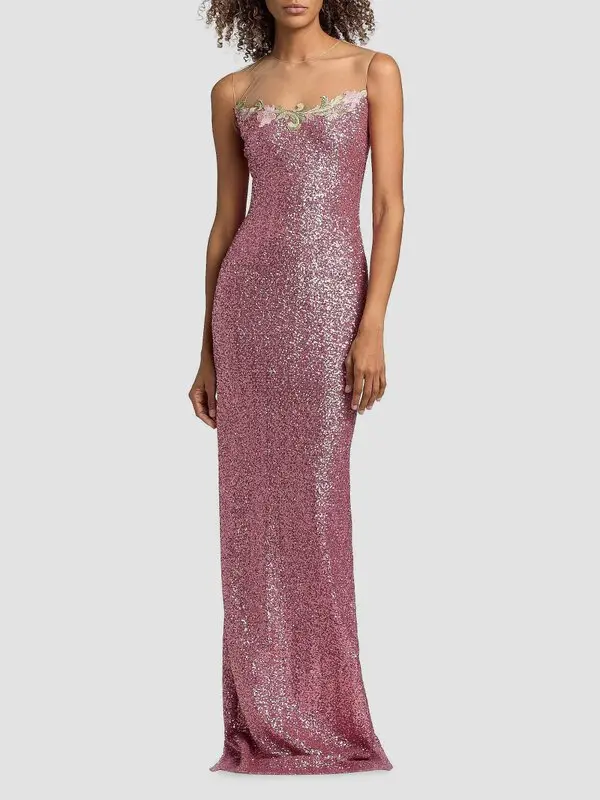 Naeem Khan Floral-appliquéd Sequined Gown - Pink Multi