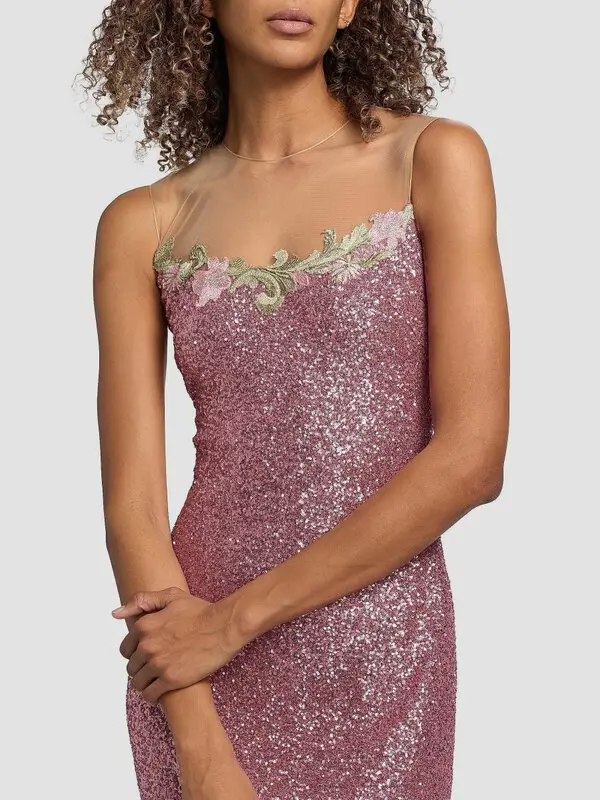 Naeem Khan Floral-appliquéd Sequined Gown - Pink Multi