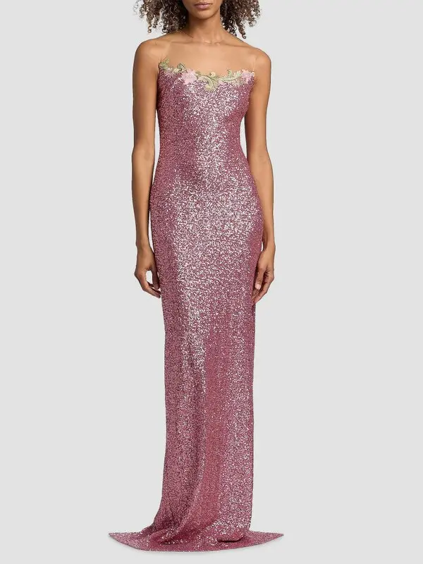 Naeem Khan Floral-appliquéd Sequined Gown - Pink Multi