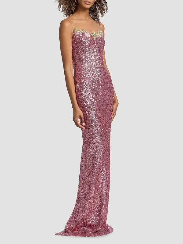 Naeem Khan Floral-appliquéd Sequined Gown - Pink Multi