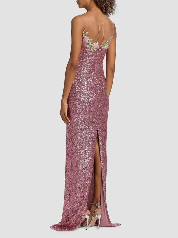 Naeem Khan Floral-appliquéd Sequined Gown - Pink Multi