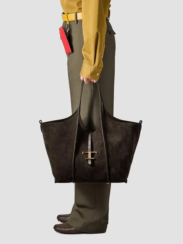 TOD'S Medium Suede Shopping Tote Bag - Palissandro