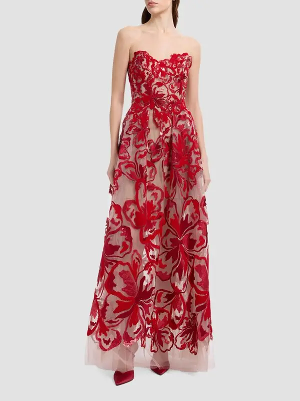 Elie Saab Velvet & Sequins Embroidered Tulle Gown