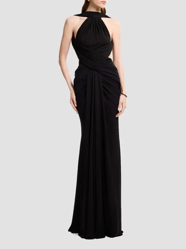 Elie Saab Halter Jersey Draped Maxi Dress