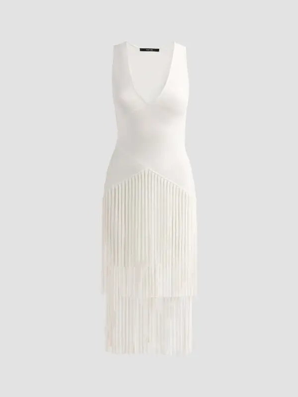 TOCCIN Patricia Fringed V-neck Midi Dress