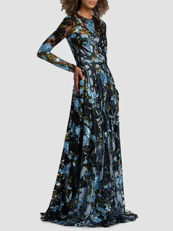 Naeem Khan Sequined Floral Lace Long-sleeve Gown