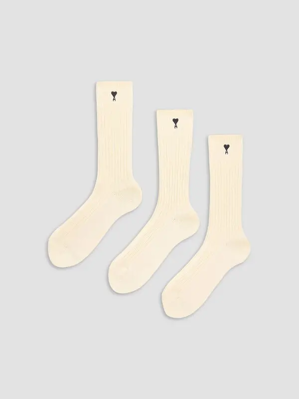AMI Paris Rib-knit Cotton-blend Socks 3-pack - Ecru