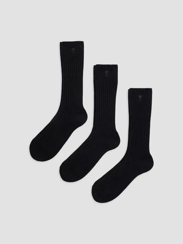 AMI Paris Rib-knit Cotton-blend Socks 3-pack - Noir