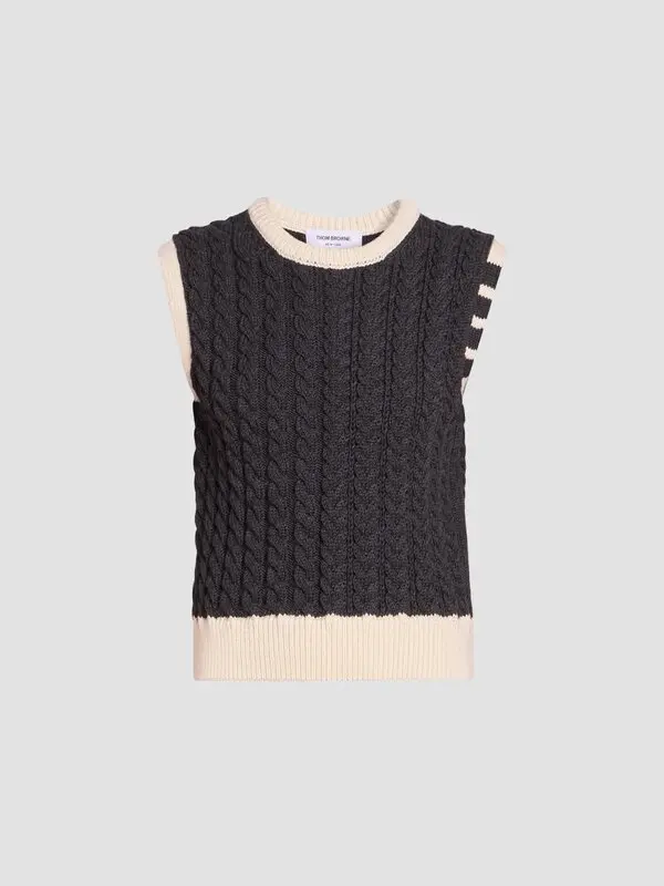 Thom Browne Cable-knit Virgin Wool Crewneck Shell Top - Dark Grey