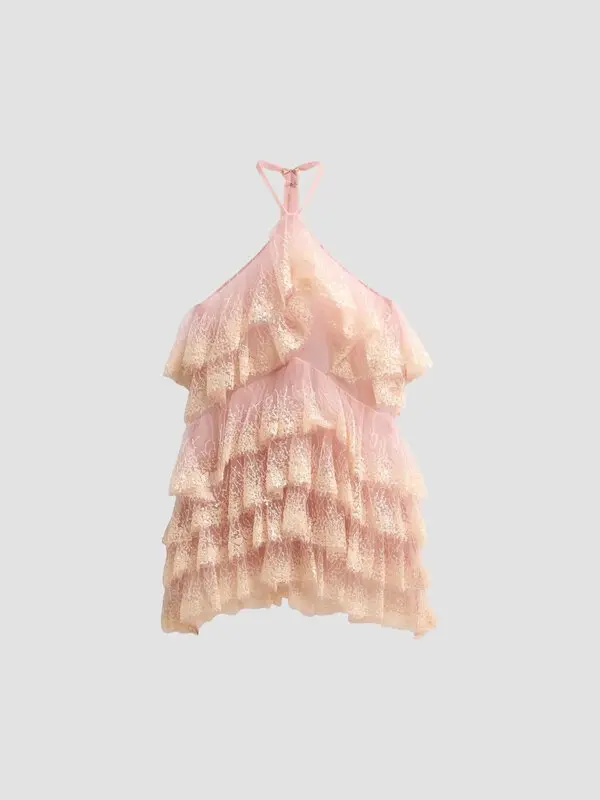 AKNVAS Angelica Ruffled Tiered Cocktail Mini Dress - Tan