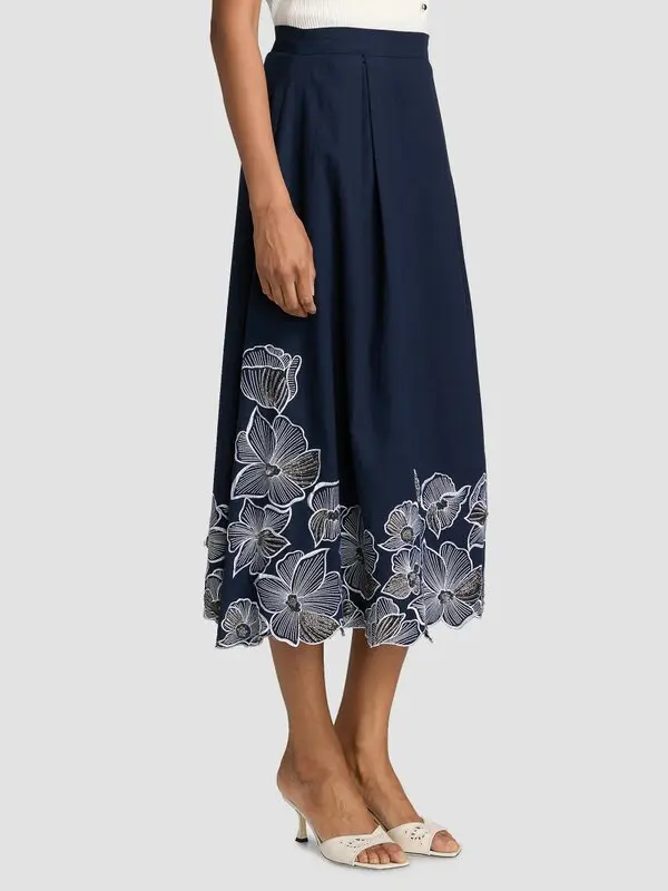TOCCIN Stacy Floral-embroidered Cotton Midi-skirt