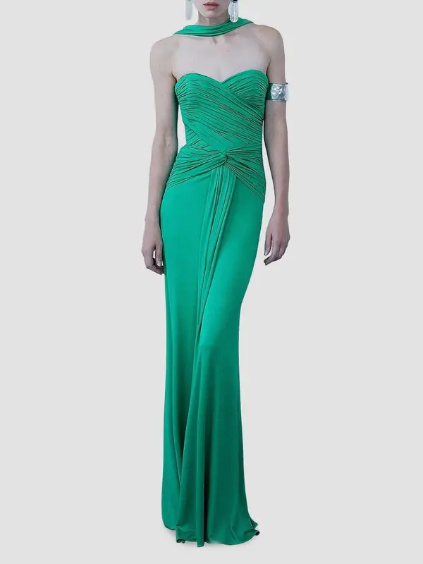 THE NEW ARRIVALS ILKYAZ OZEL Amanda Sculpted Jersey Column Gown - Malachite