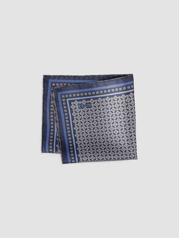 Eton Medallion Double Print Silk Pocket Square - Navy