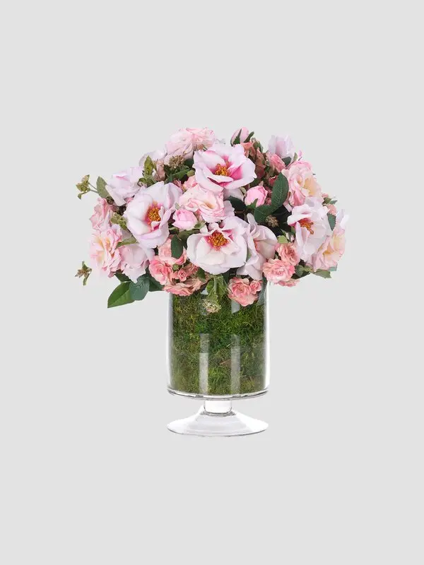 NDI Faux Rose Arranget With Moss In Glass Footed Vase